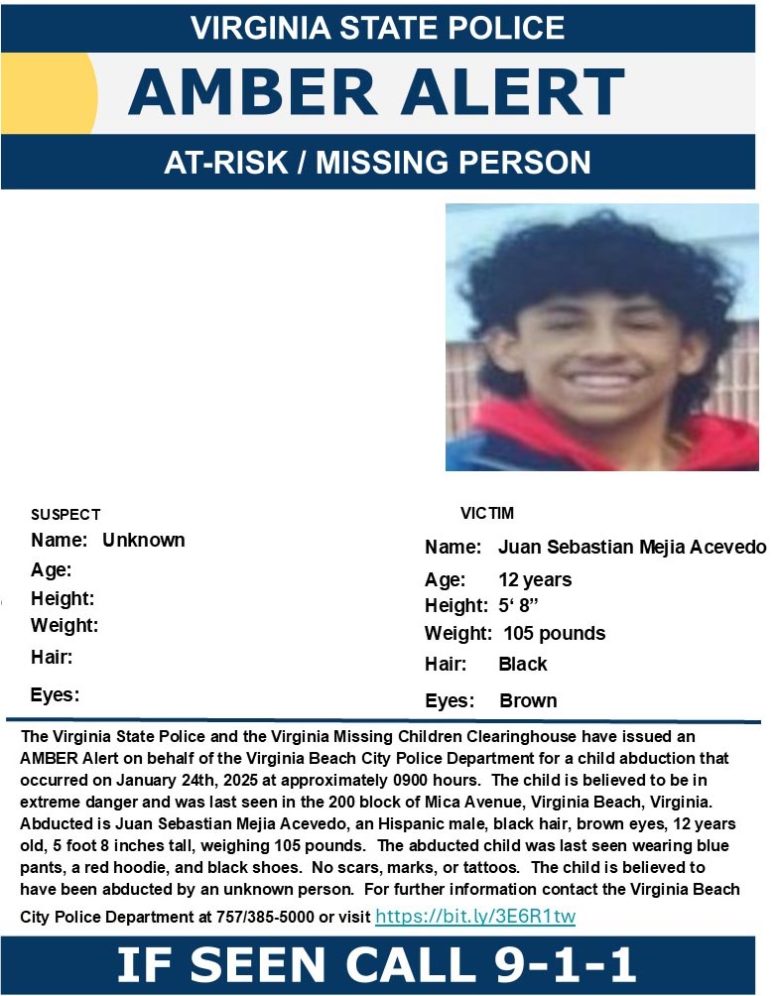 Virginia Beach child abducted, believed to be in extreme danger