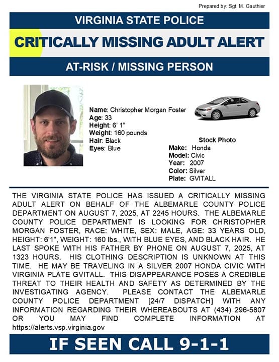 Update: Albemarle County Police say missing man located safely