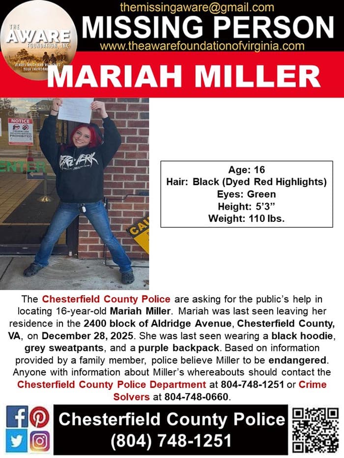 Police: Chesterfield County teen girl reported missing, endangered